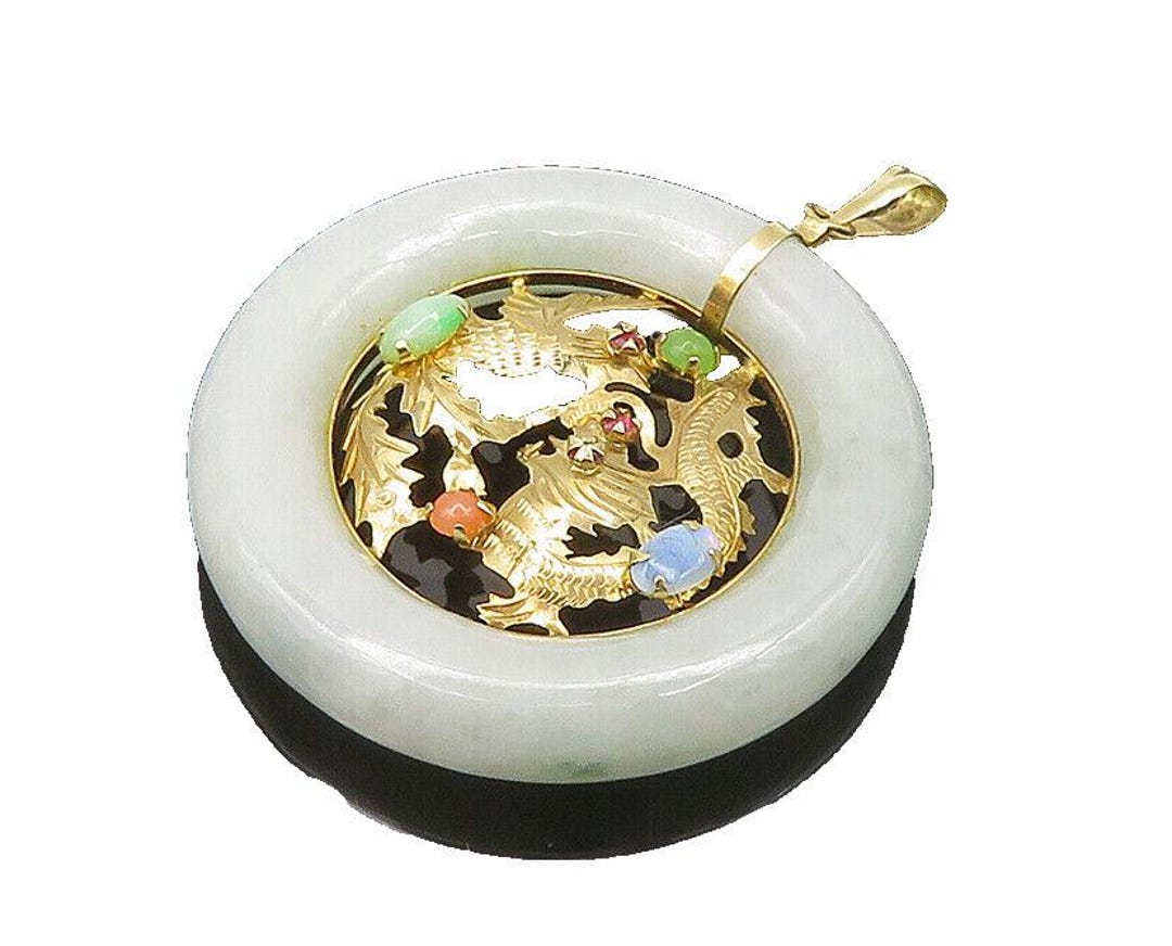 14K GOLD Vintage Multi Gemstone Round Dragon Pendant GP052 - Etsy