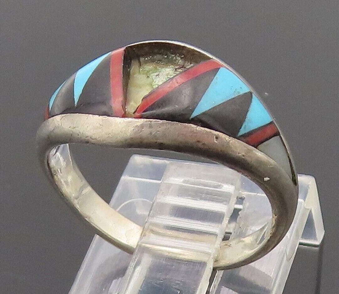 ZUNI NAVAJO 925 Silver Vintage Multi Color Triangle Inlay Ring Sz 6 ...