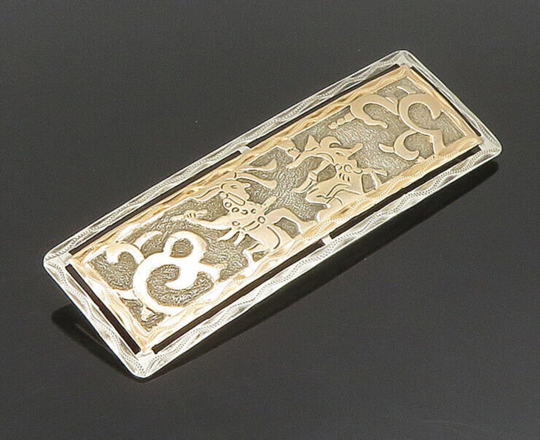 925 Silver & 18K GOLD Vintage Rectangular Kokopelli Dancer Brooch Pin ...