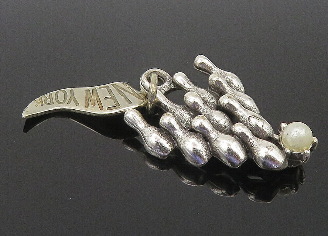 925 Sterling Silver Vintage Shiny Pearl Bowling Ball & Pins Pendant ...