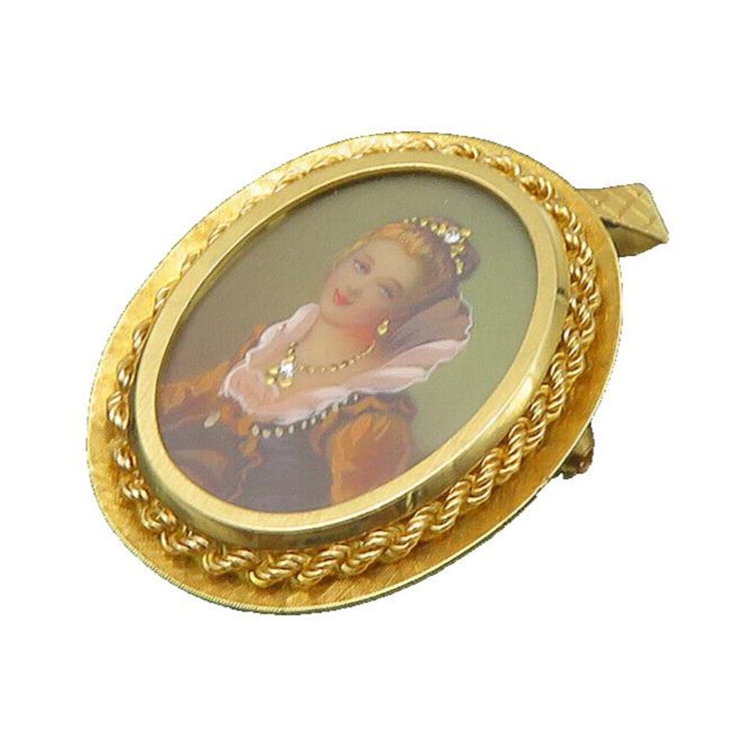 18K GOLD Vintage Genuine Diamonds Portrait Twist Frame Brooch Pin GB062 ...