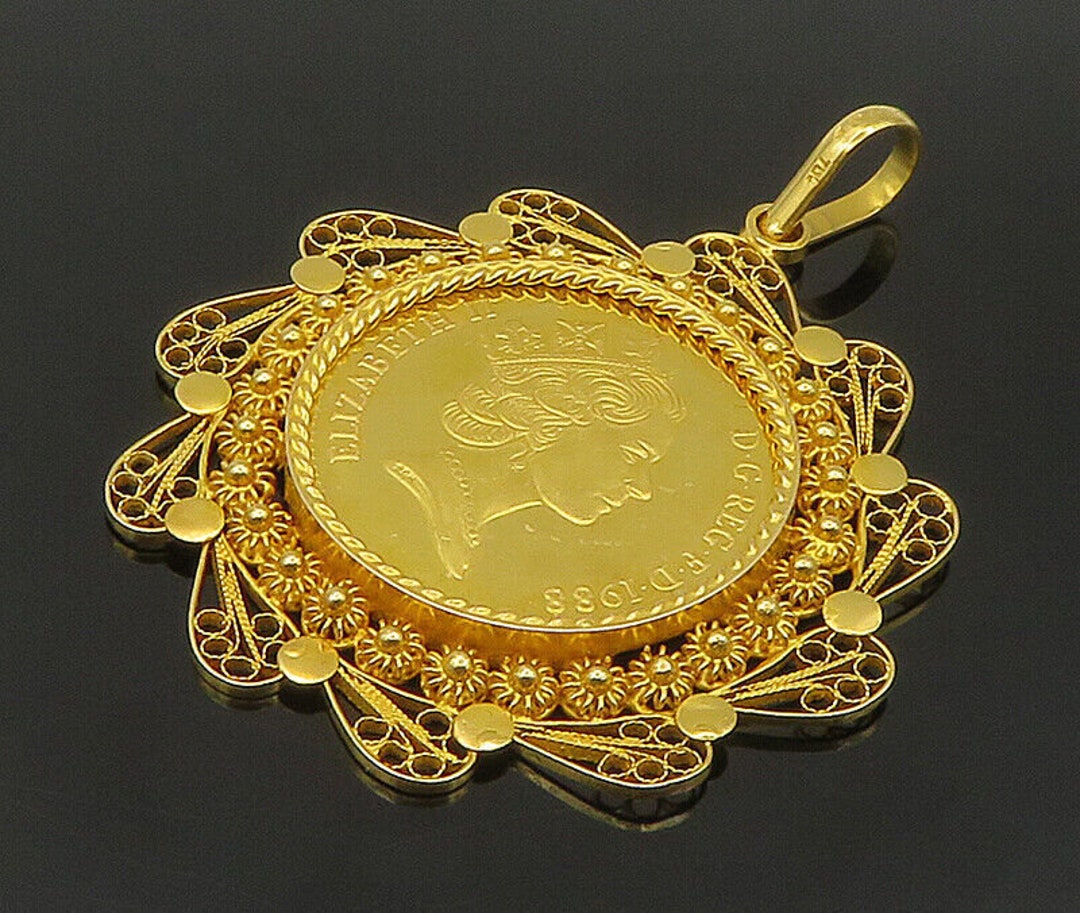 22K GOLD Vintage Shiny Queen Elizabeth Half Penny Coin Pendant GP255 ...