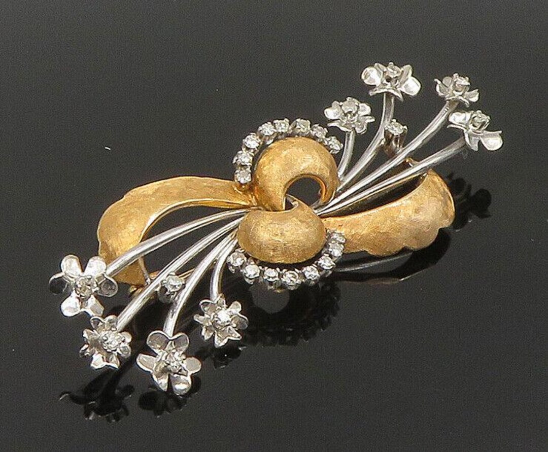 14K GOLD Vintage Genuine Diamonds Stem Flower Swirl Brooch Pin GB116 - Etsy