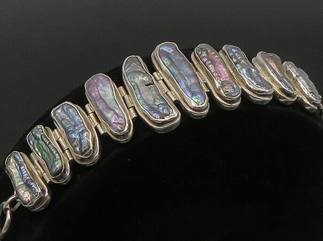925 Sterling Silver Vintage Abalone Shell Graduated Chain Bracelet ...