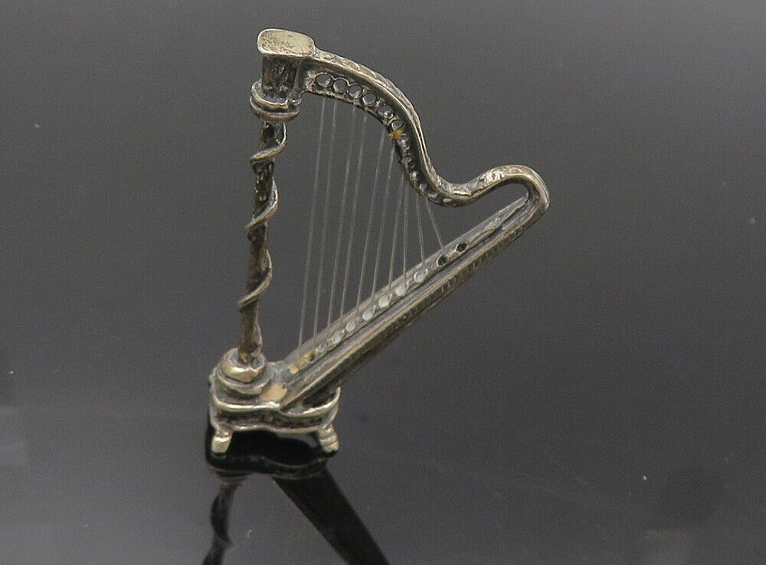 925 Sterling Silver Vintage Antique Harp Musical Instrument Trinket ...