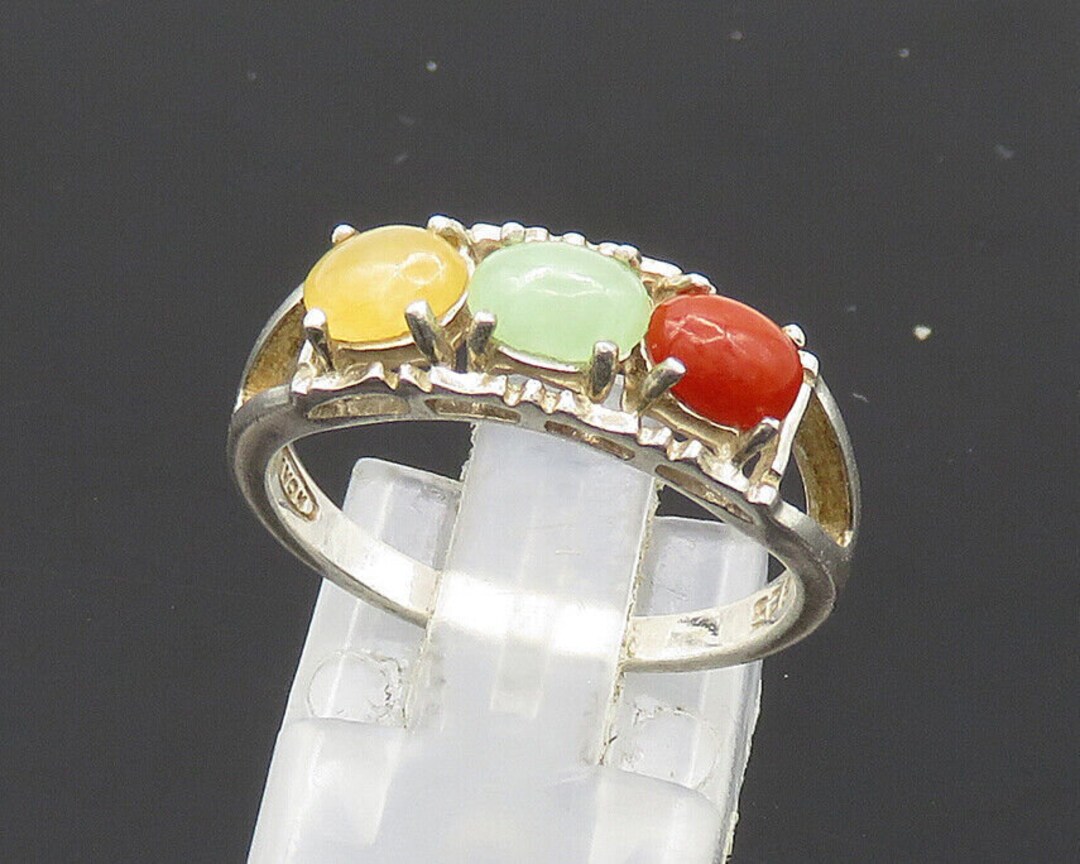 AVON 925 Sterling Silver Vintage Jade & Carnelian Band Ring Sz 8 ...