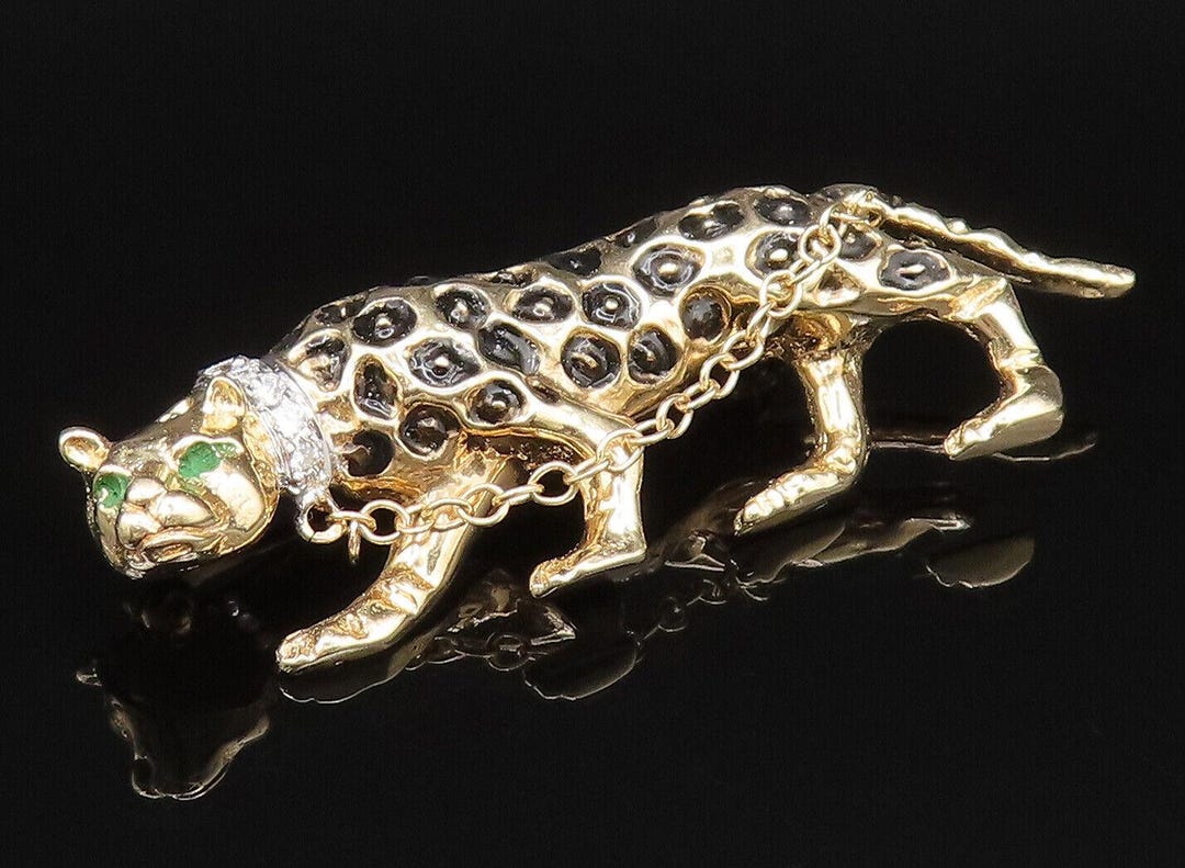 14K GOLD Vintage Enamel Leopard & Genuine Diamonds Collar Brooch Pin ...