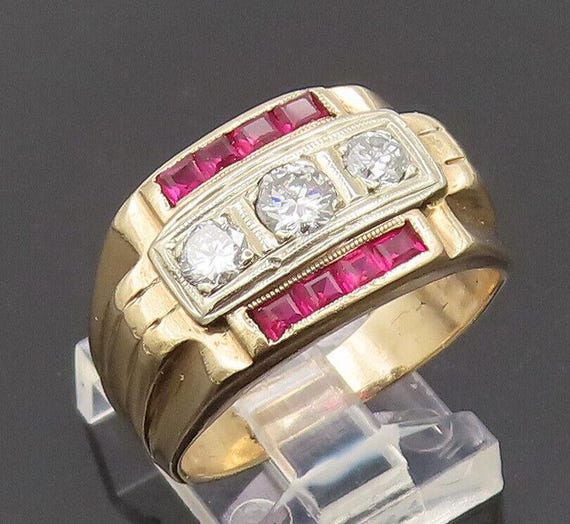 14K GOLD - Vintage Lab Ruby & 1 Carat Diamonds Two To… - Gem