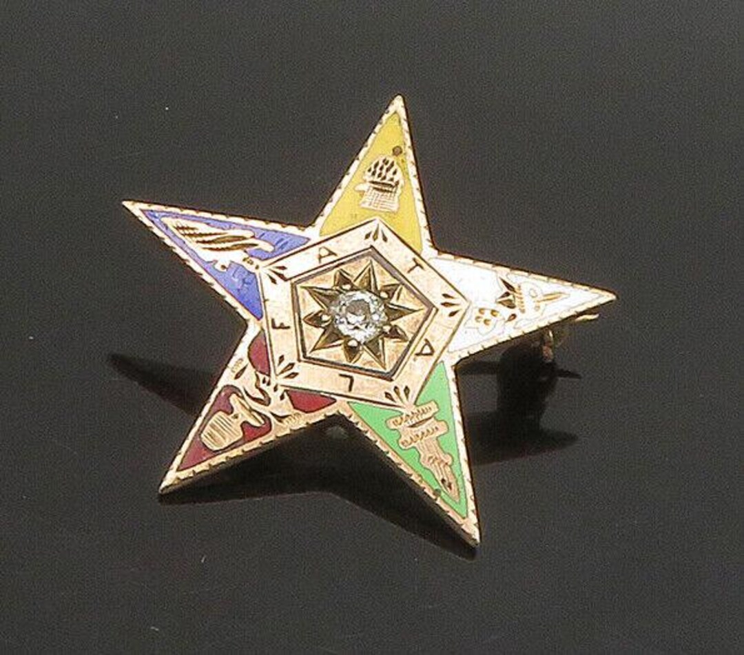 10K GOLD Vintage Antique Oldcut Diamond Masonic Star Brooch Pin GB085 ...