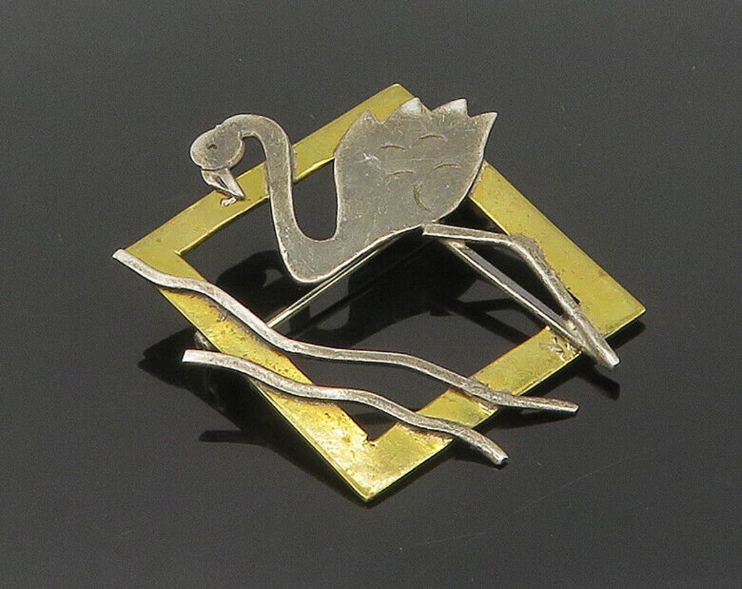 925 Sterling Silver Vintage Two Tone Flamingo Open Square Brooch Pin ...
