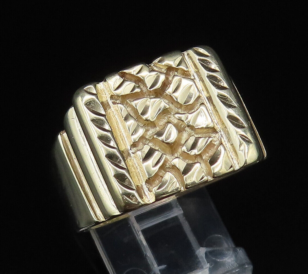 14K GOLD Vintage Hammered Square Frame Fluted Shank Signet Ring Sz 12 ...