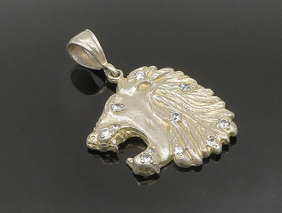 925 Silver Vintage Carved Roaring Lion Head Cubic Zir… - Gem