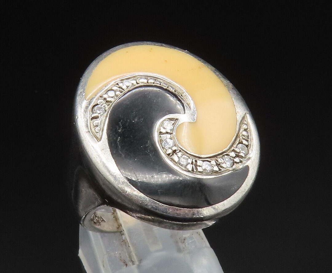 DAVID SIGAL 925 Silver Vintage Onyx & Topaz Spiral Wave Ring Sz 8 ...