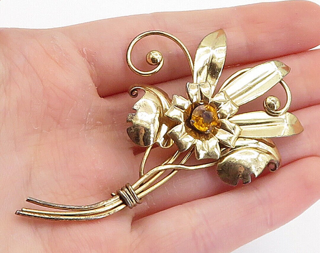 925 Sterling Silver Vintage Citrine Shiny Flower Motif Brooch Pin ...