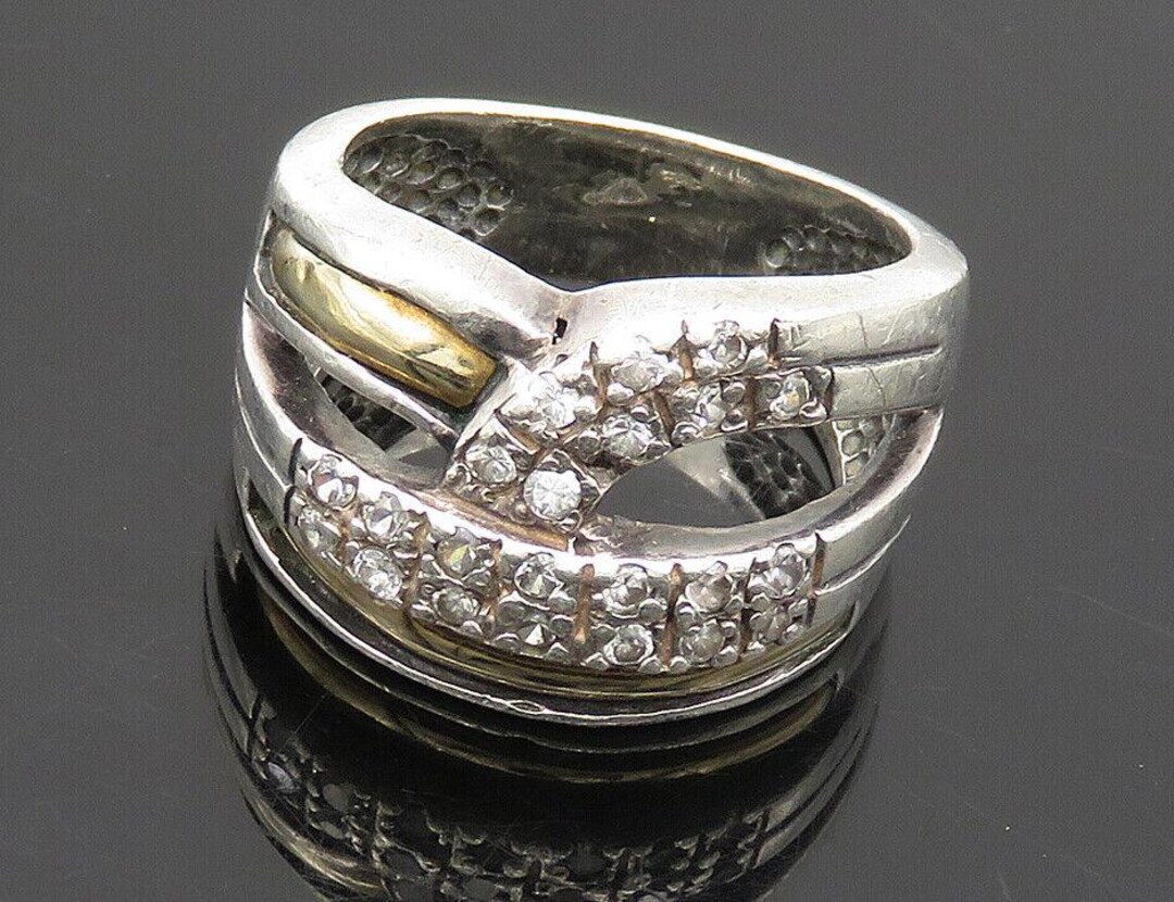 PE 925 Silver & 18K GOLD Vintage Shiny Topaz Two Tone Band Ring Sz 8 RG19195 - Etsy