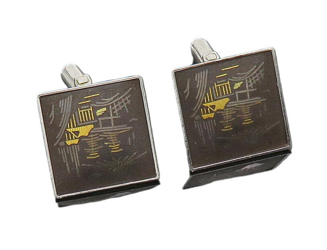 AMITA 925 Sterling Silver Vintage Pagoda Mountain Scene Cufflinks ...