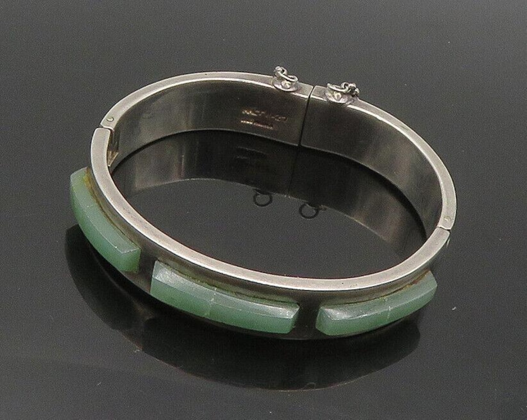 MEXICO 925 Sterling Silver Vintage Jade Smooth Hinge Bangle Bracelet BT7517 - Etsy