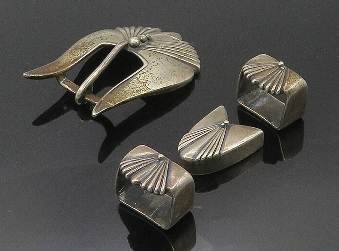 DAVID DEAR NAVAJO 925 Silver Vintage Fluted Belt Buckle & Loops Set ...