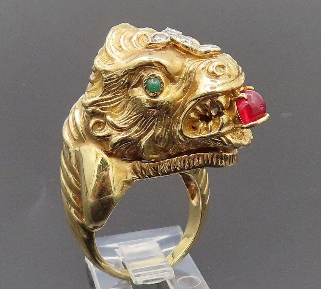 14K GOLD Vintage Genuine Diamonds & Gemstones Heavy Dragon Ring Sz 7 ...