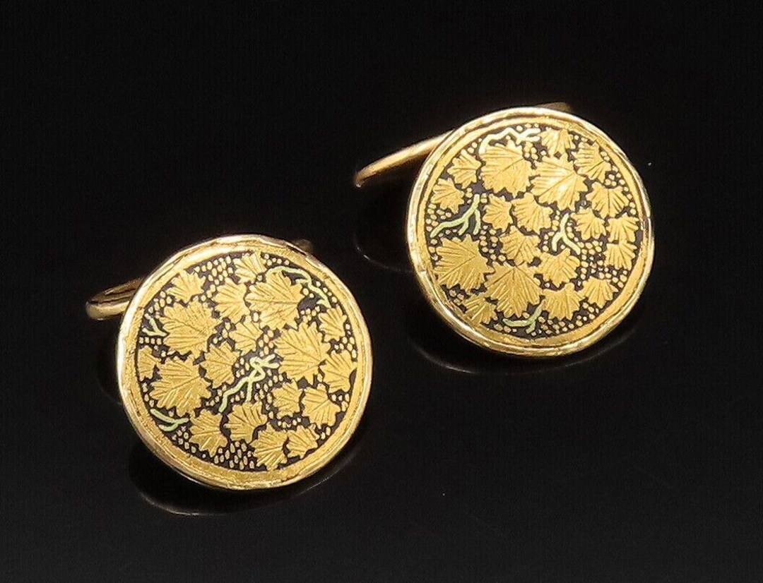 18K GOLD Vintage Antique Enamel Floral Leaf Chain Cuff Links GOT055 - Etsy