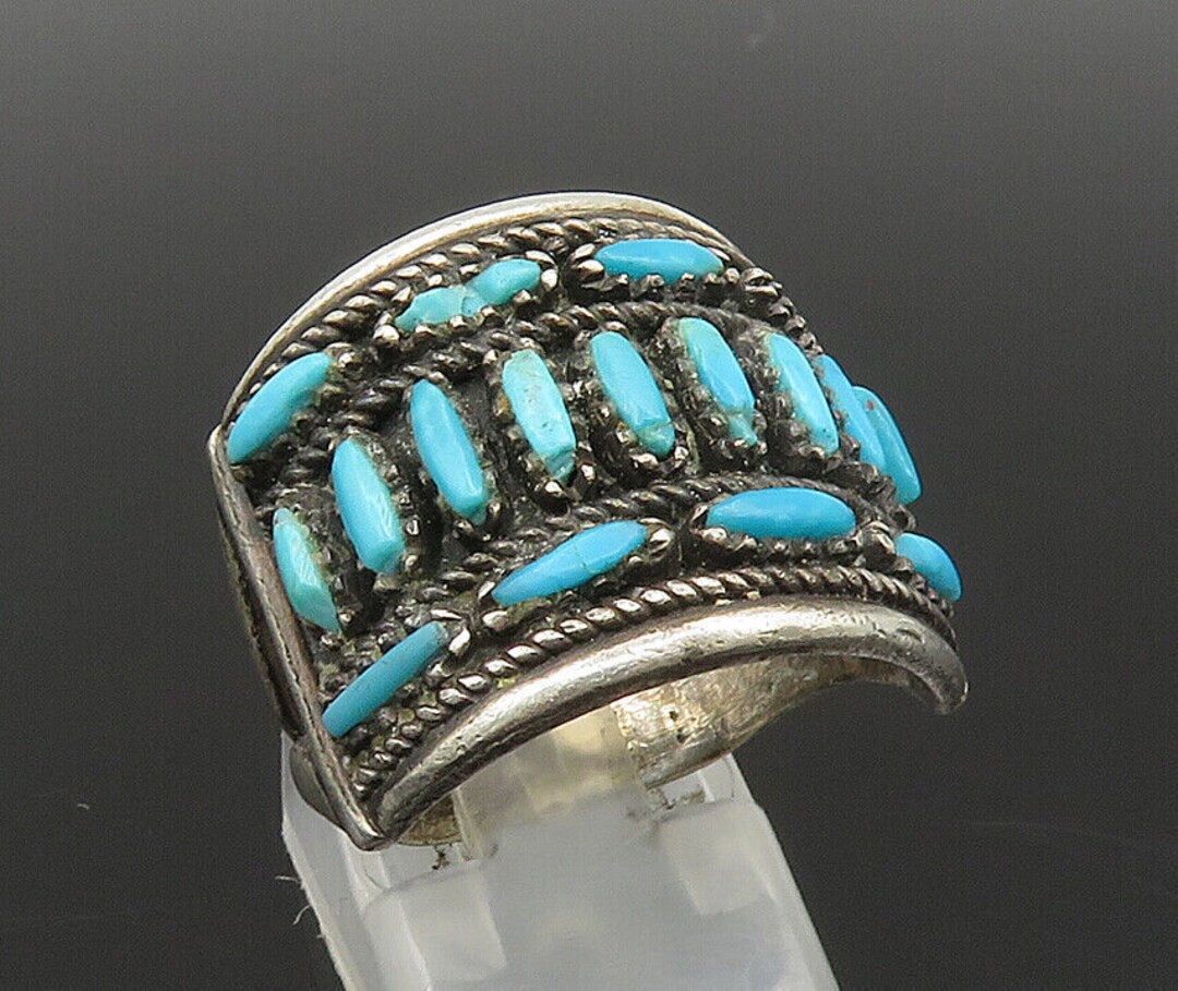 ZUNI NAVAJO 925 Silver Vintage Needlepoint Turquoise Ring Sz 9.5 RG24296 - Etsy