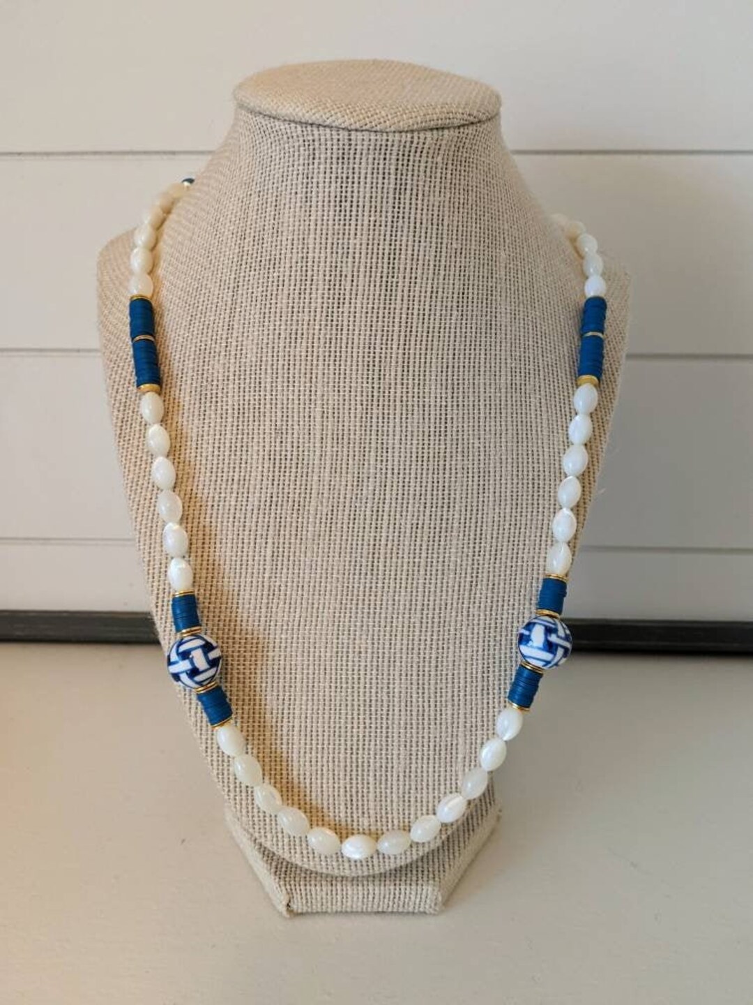 Charleston Rice Bead Necklace with Mother of Pearl and Porcelain Basket ...