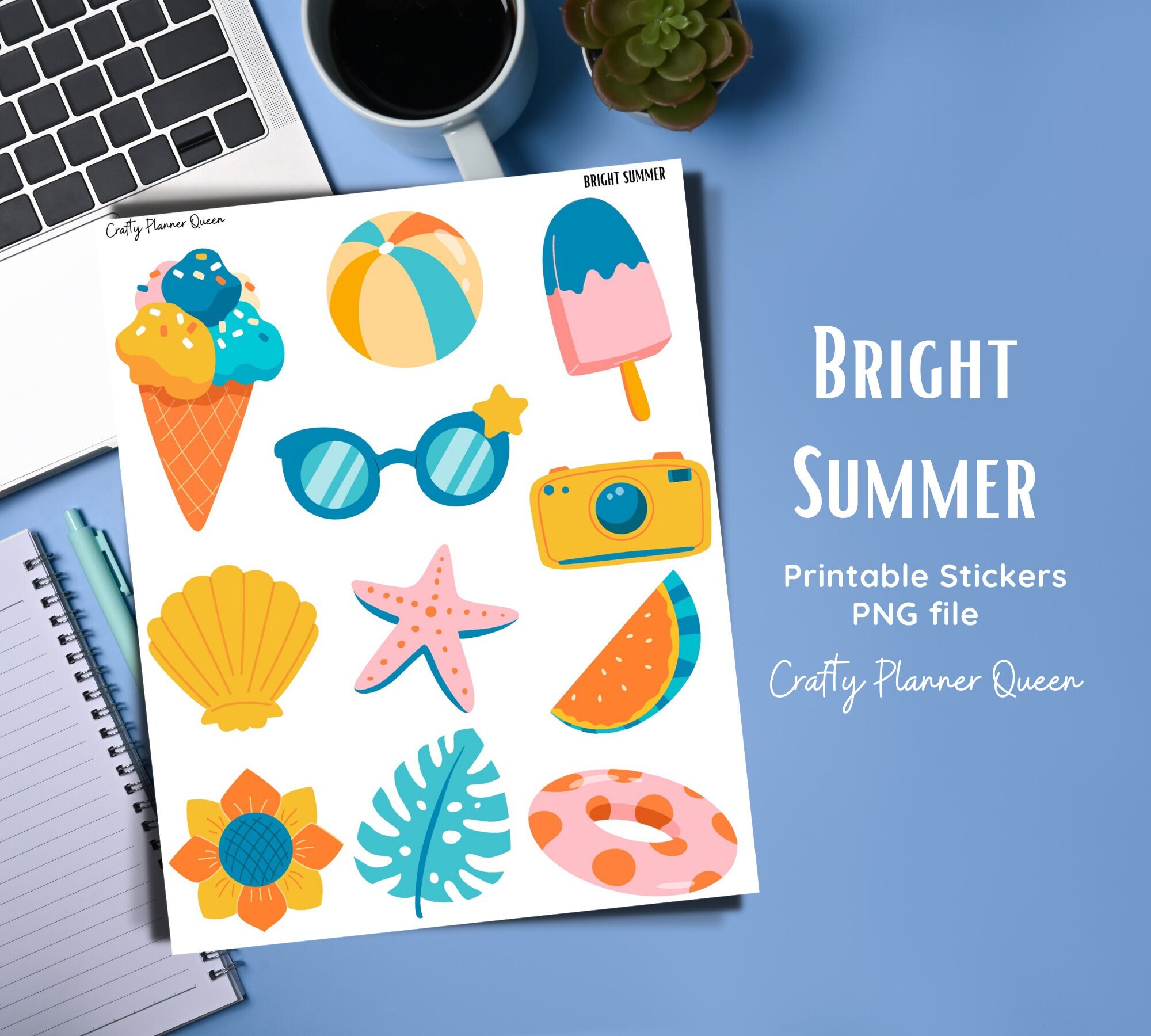 Printable Stickers Beach Clipart Bright Beach Stationery - Etsy