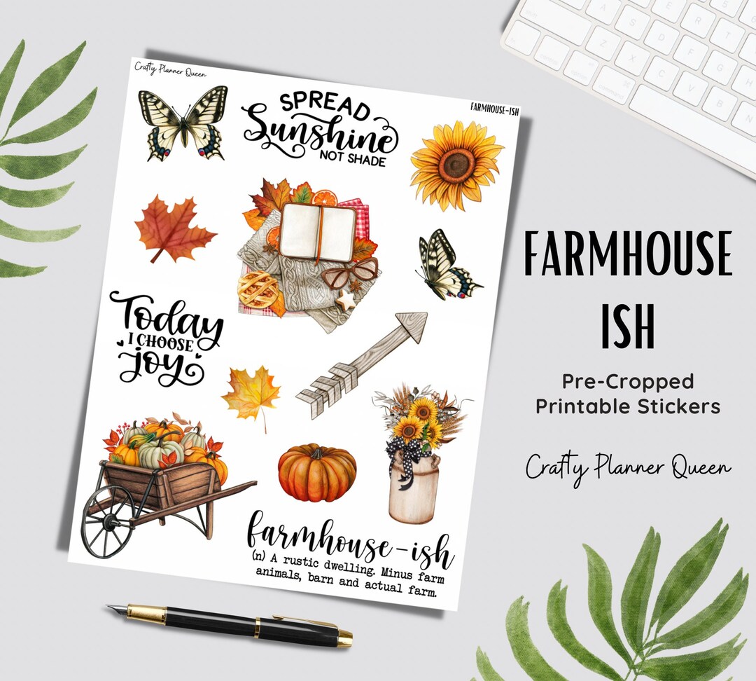 Fall Printable Stickers, Digital Farmhouse Clipart, Autumn Planner ...