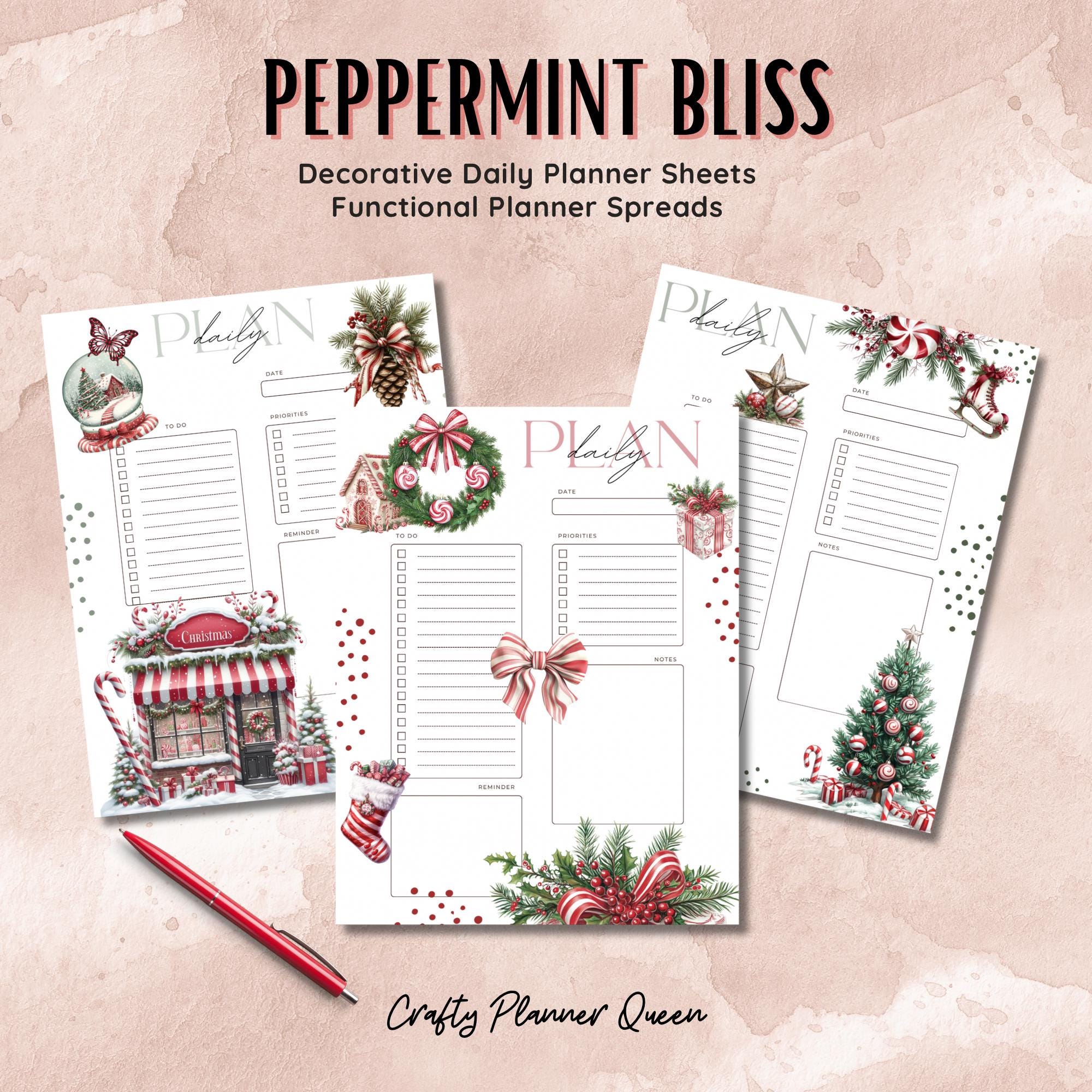 Christmas Daily Planner Sheets: Peppermint Bliss, Decorative Printable ...