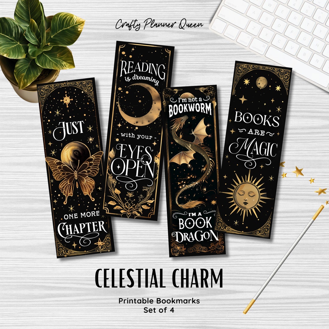 Celestial Charm Printable Bookmarks | Black and Gold | Set of 4 ...