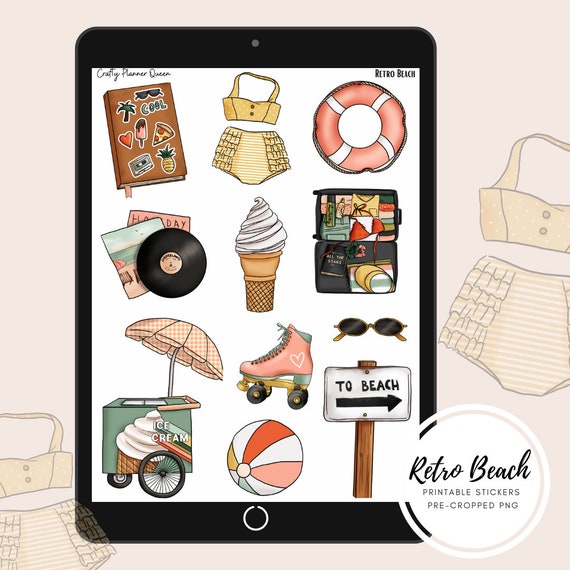 Printable Stickers Beach Clipart Retro Beach Stationery - Etsy