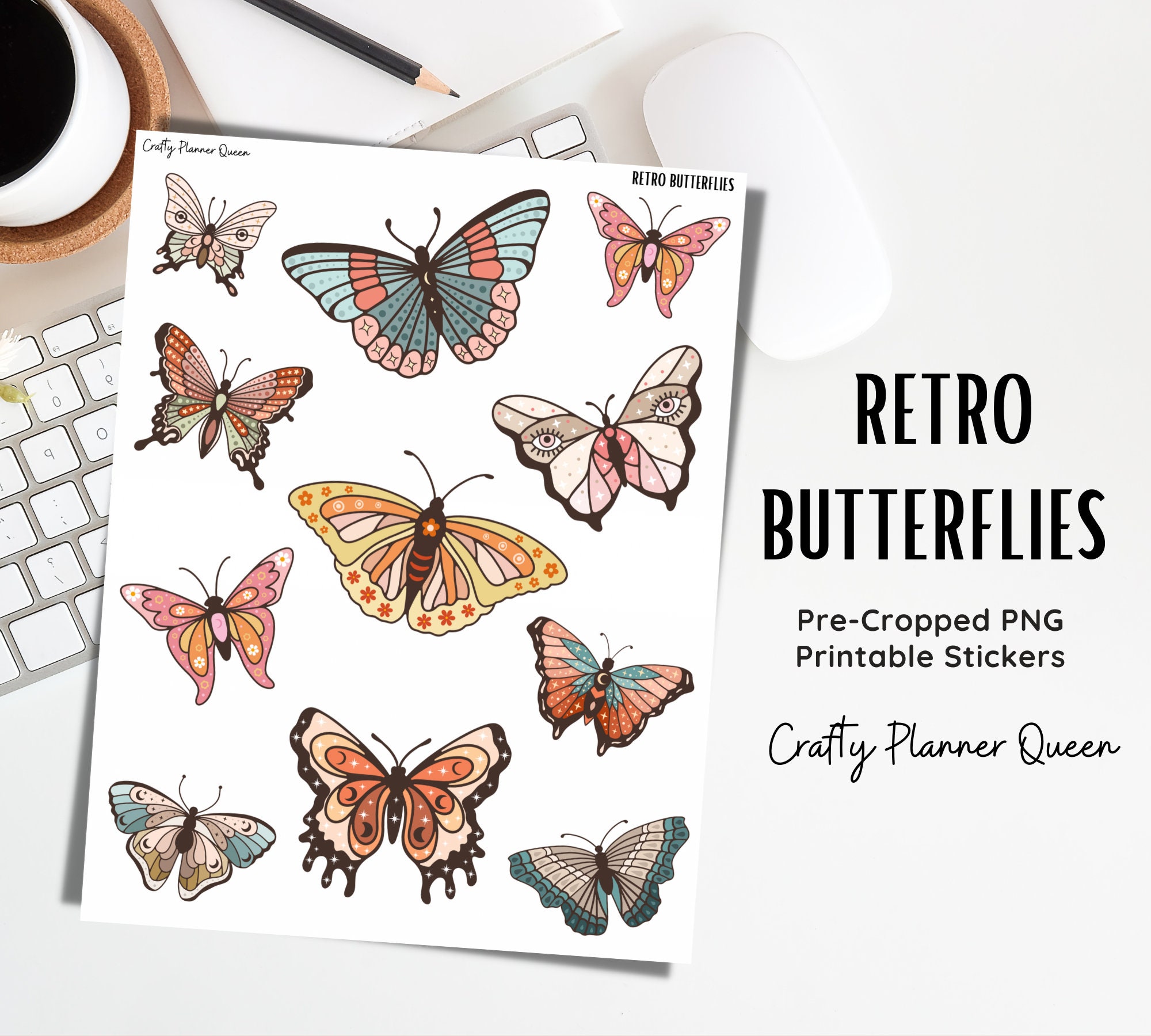Retro Butterfly Stickers, Printable Butterfly Stickers, Digital ...