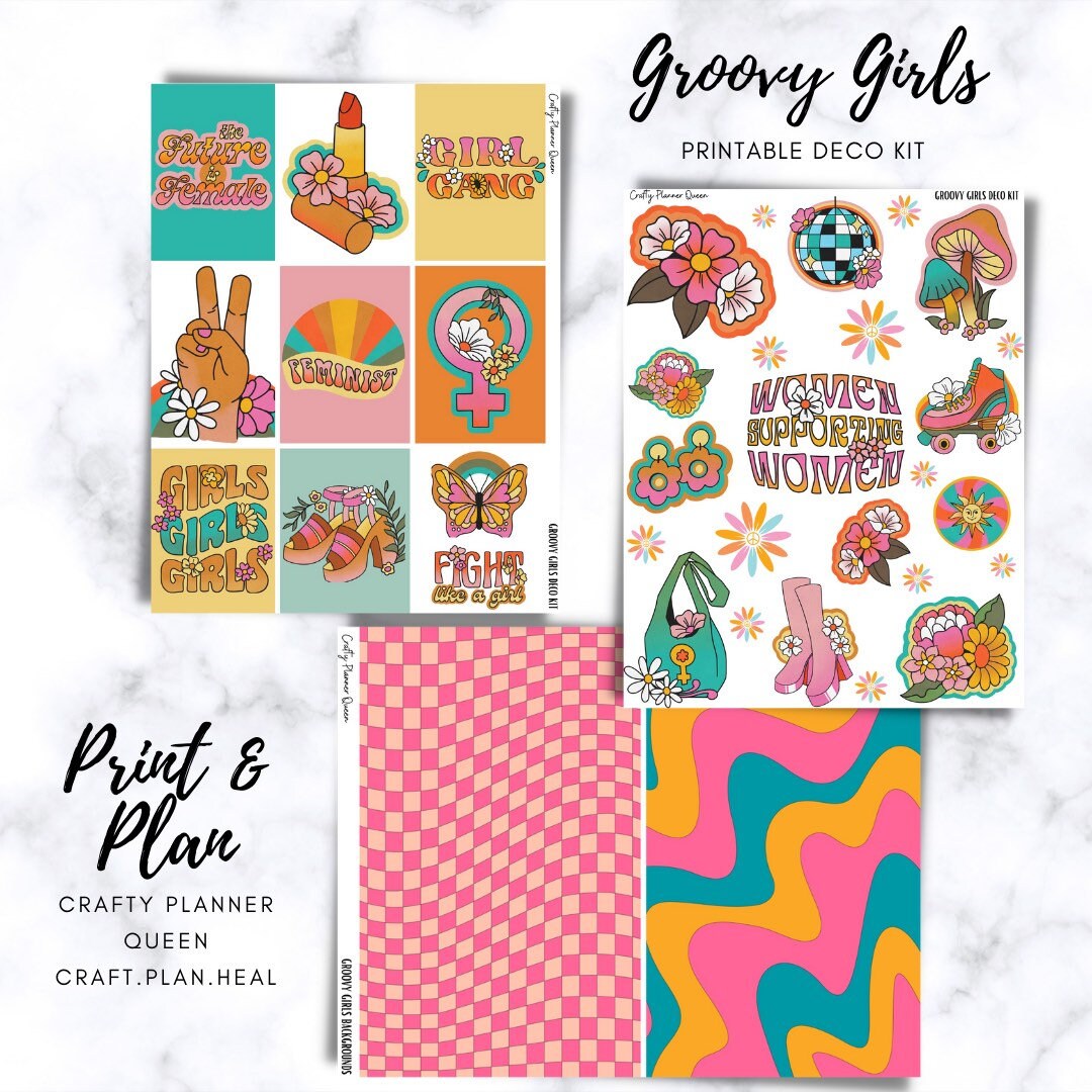 Groovy Planner Stickers, Printable Sticker Set, Printable Retro Clipart ...