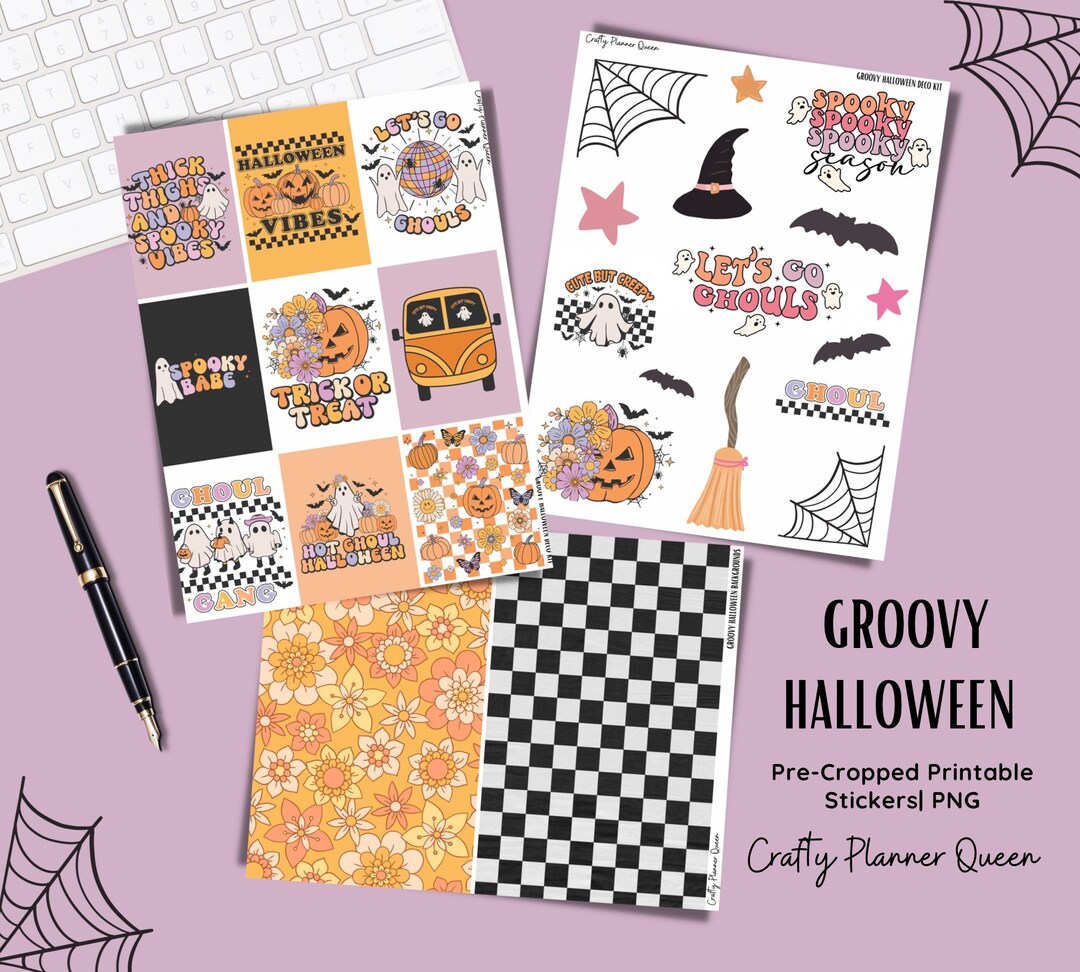 Groovy Halloween Stickers, Printable Halloween Sticker Kit, Retro ...