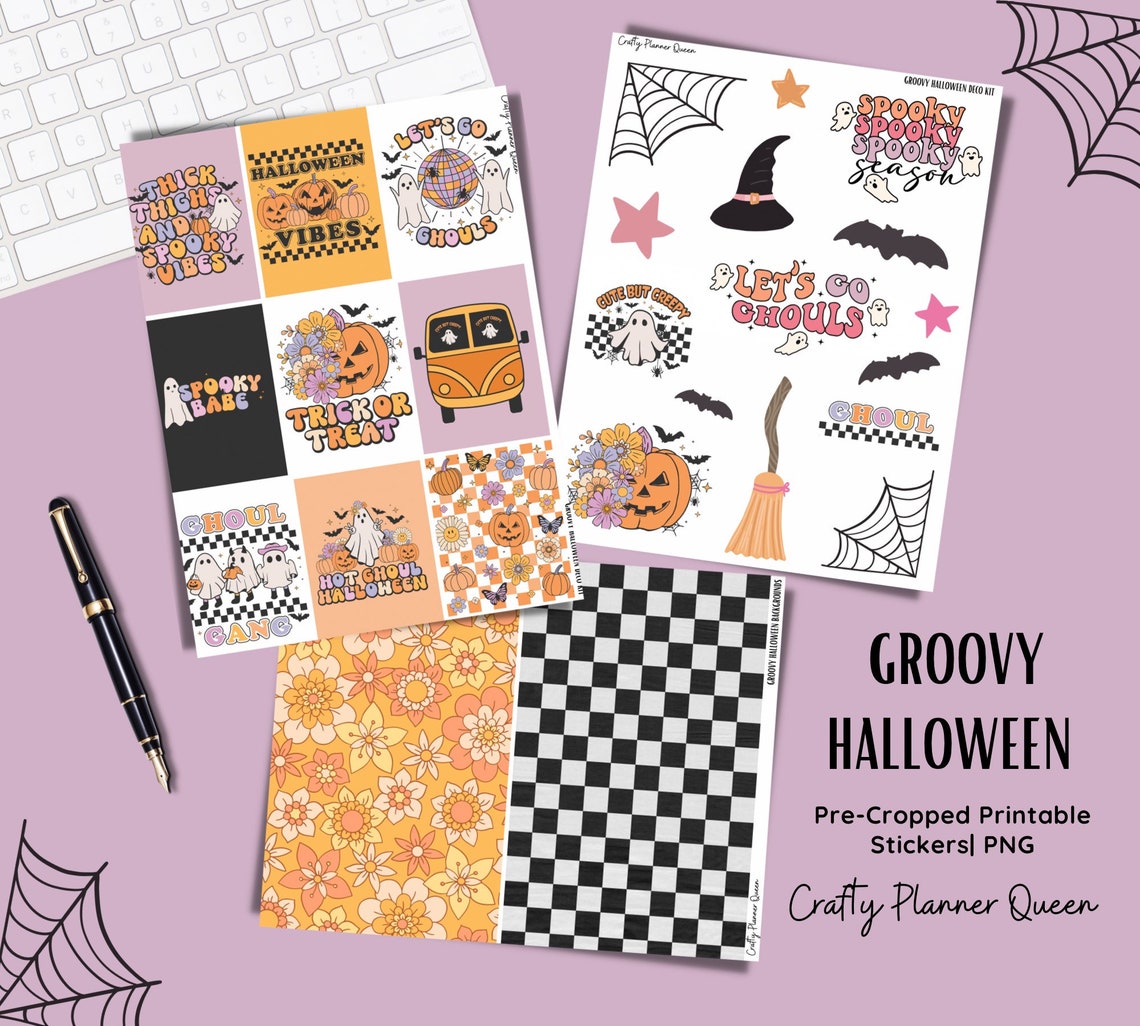 Groovy Halloween Stickers, Printable Halloween Sticker Kit, Retro ...