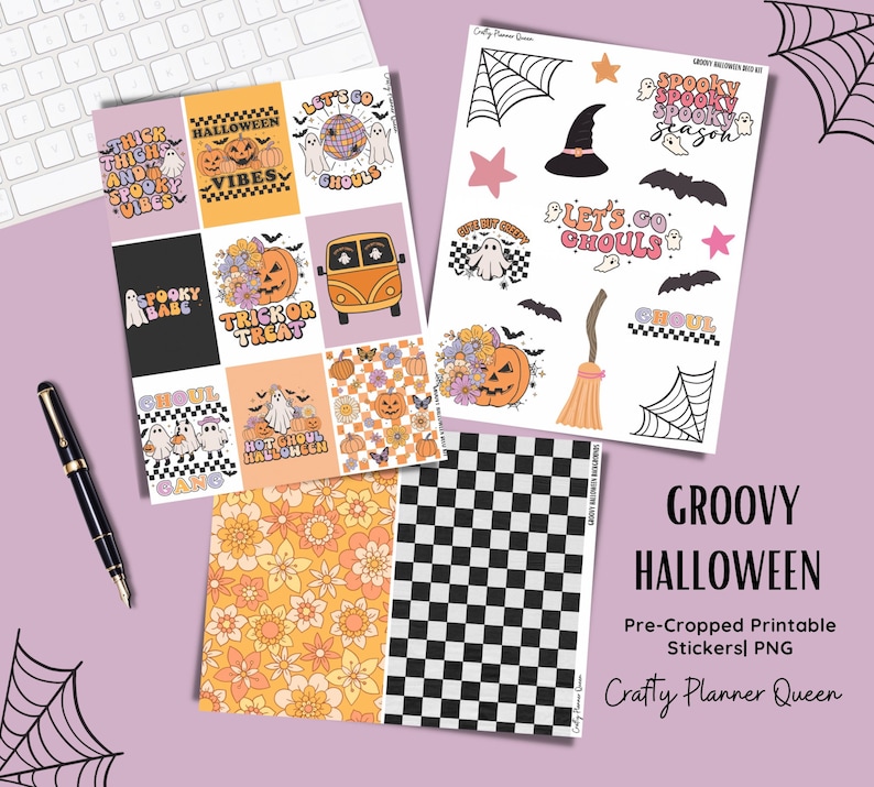 Groovy Halloween Stickers, Printable Halloween Sticker Kit, Retro ...