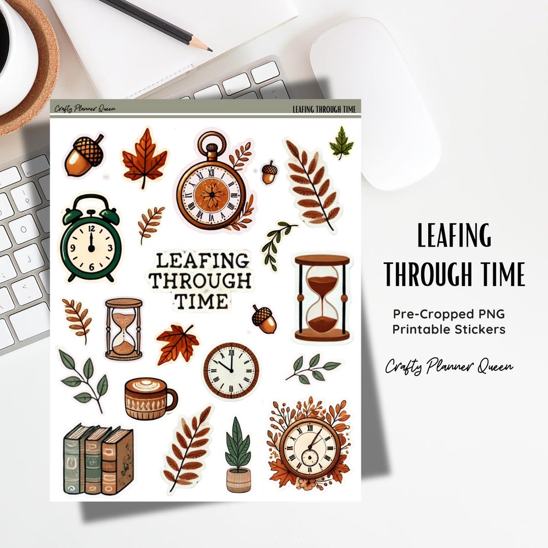 Autumn Planner Stickers: Fall Clocks, Leaves, Acorns (pre-cropped PNG ...
