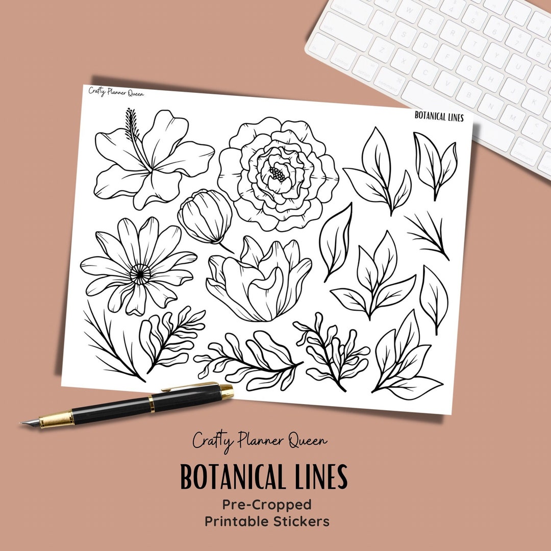 Floral Line Art, Printable Stickers, Botanical Line, Flowers and Plants ...
