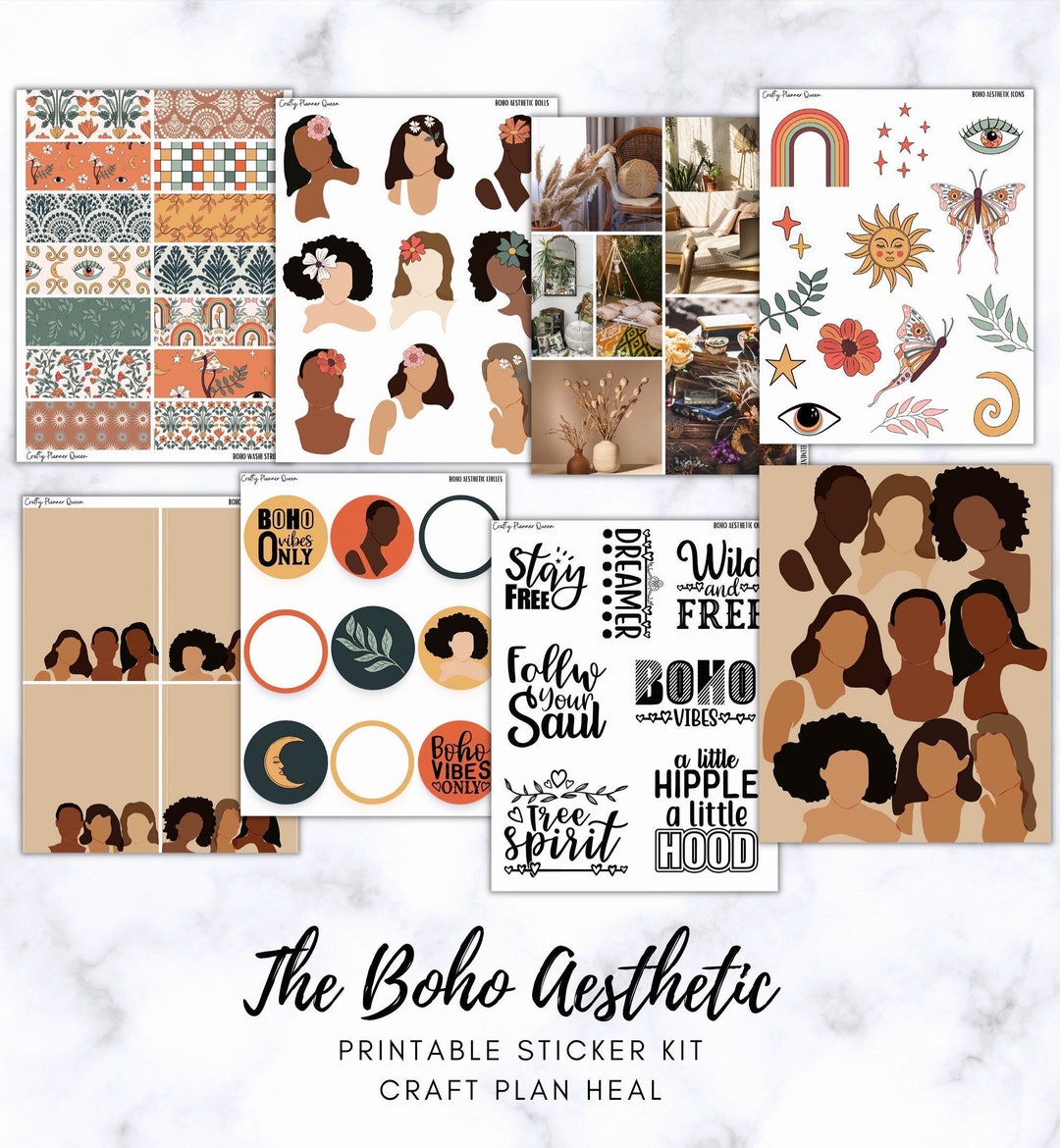 Boho Women Printable Stickers: Planner Journal Kit (digital Stickers ...