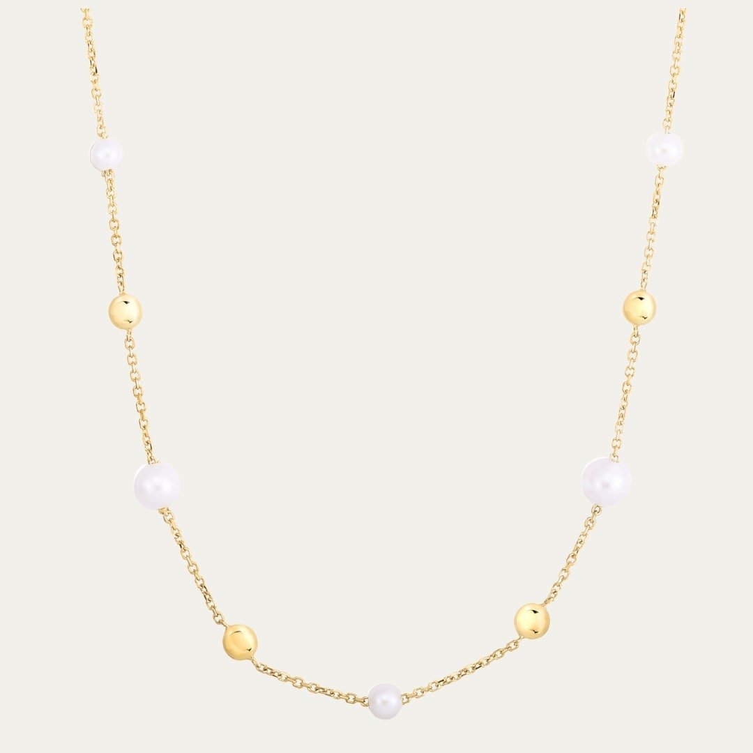 14K Gold & Pearl Bead Necklace Minimalist Necklace Pearl - Etsy