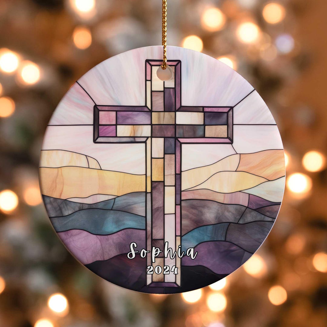 Round Stained Glass Cross Ornament Christian Cross Ornament Religious ...