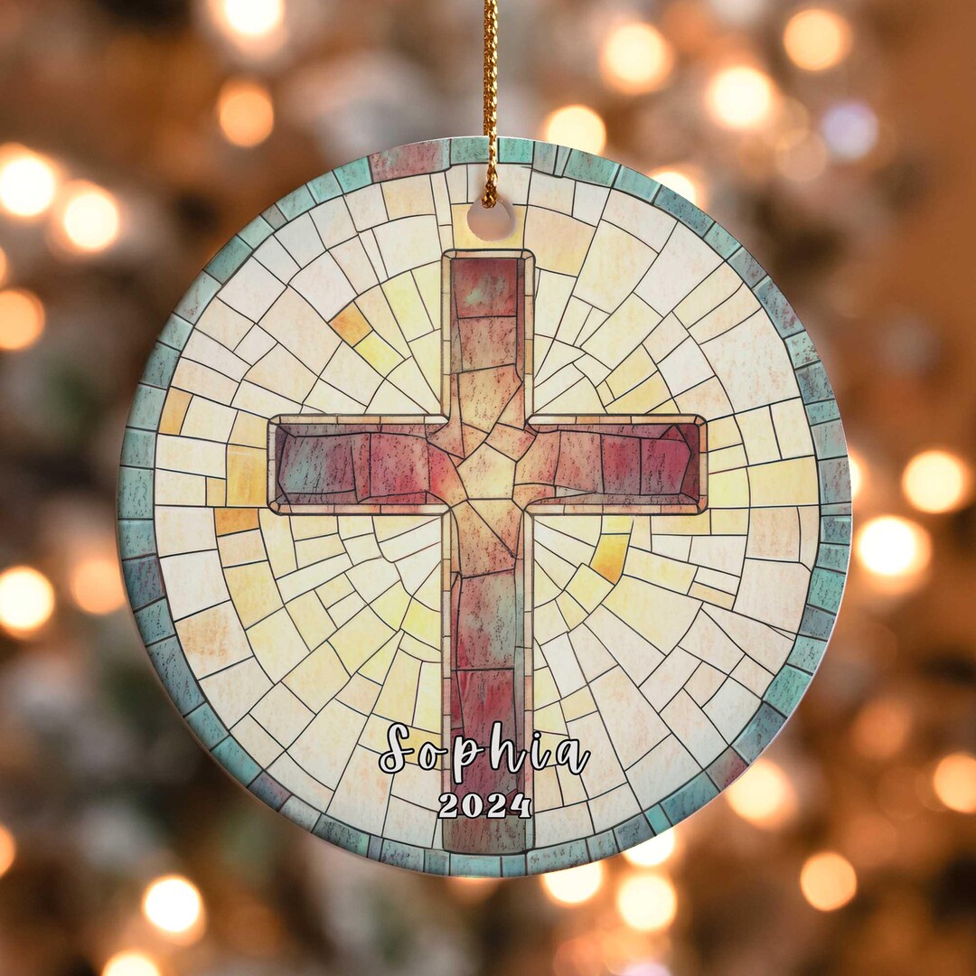 Round Stained Glass Cross Ornament Christian Cross Ornament Religious ...