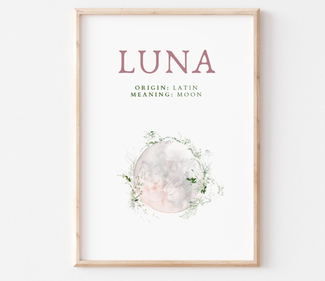 Luna, Name Art Poster, Name Meaning, Girl Gift, Pink Nursery Decor ...