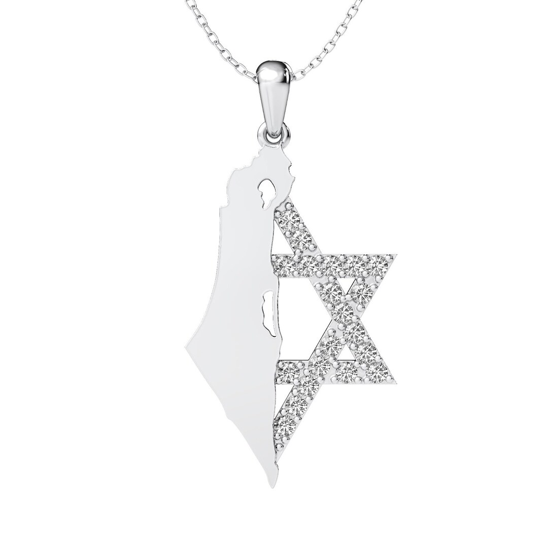 LIV 14k White Gold & Natural VVS Diamonds Israel Map and Star of David ...