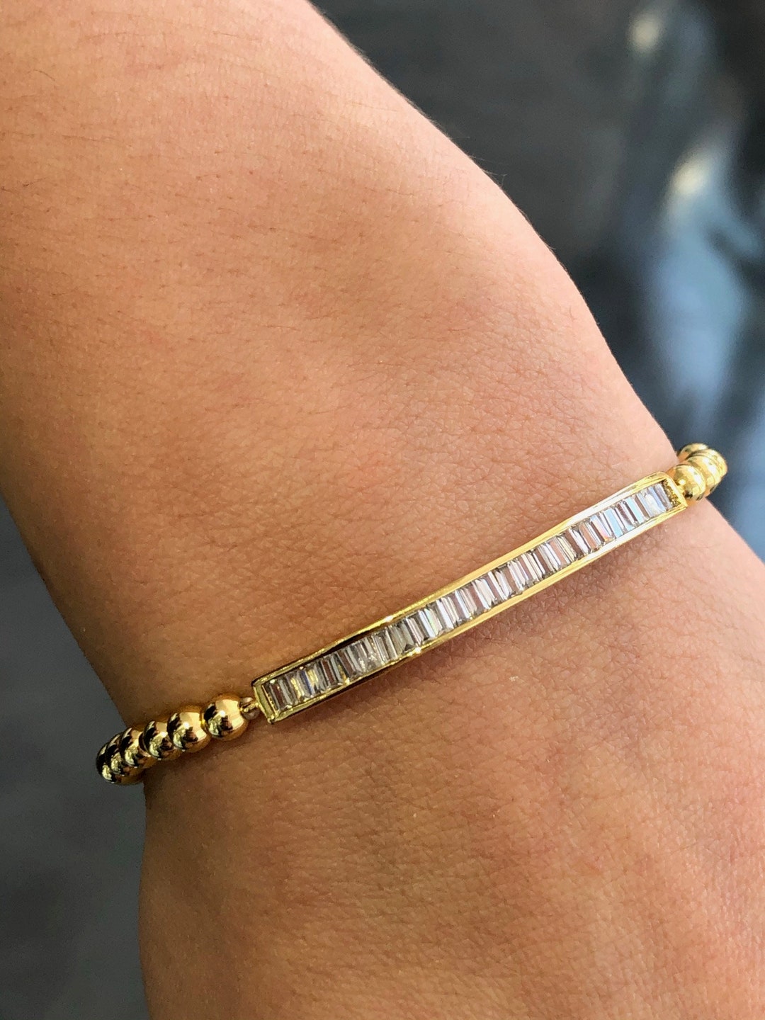 LIV 18k Yellow Gold Stainless Steel Round Bead Crystal Stretch Bracelet ...