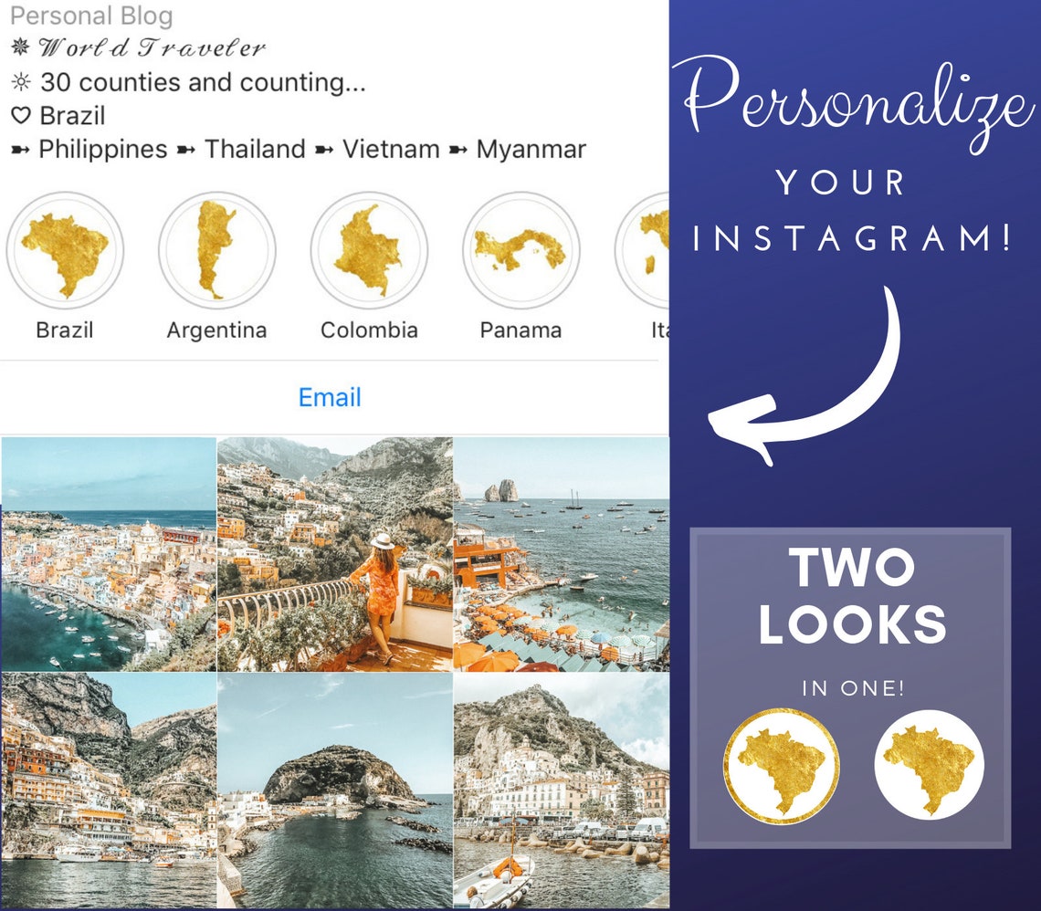 196 Country Outline Maps Instagram Story Icons Gold Foil - Etsy