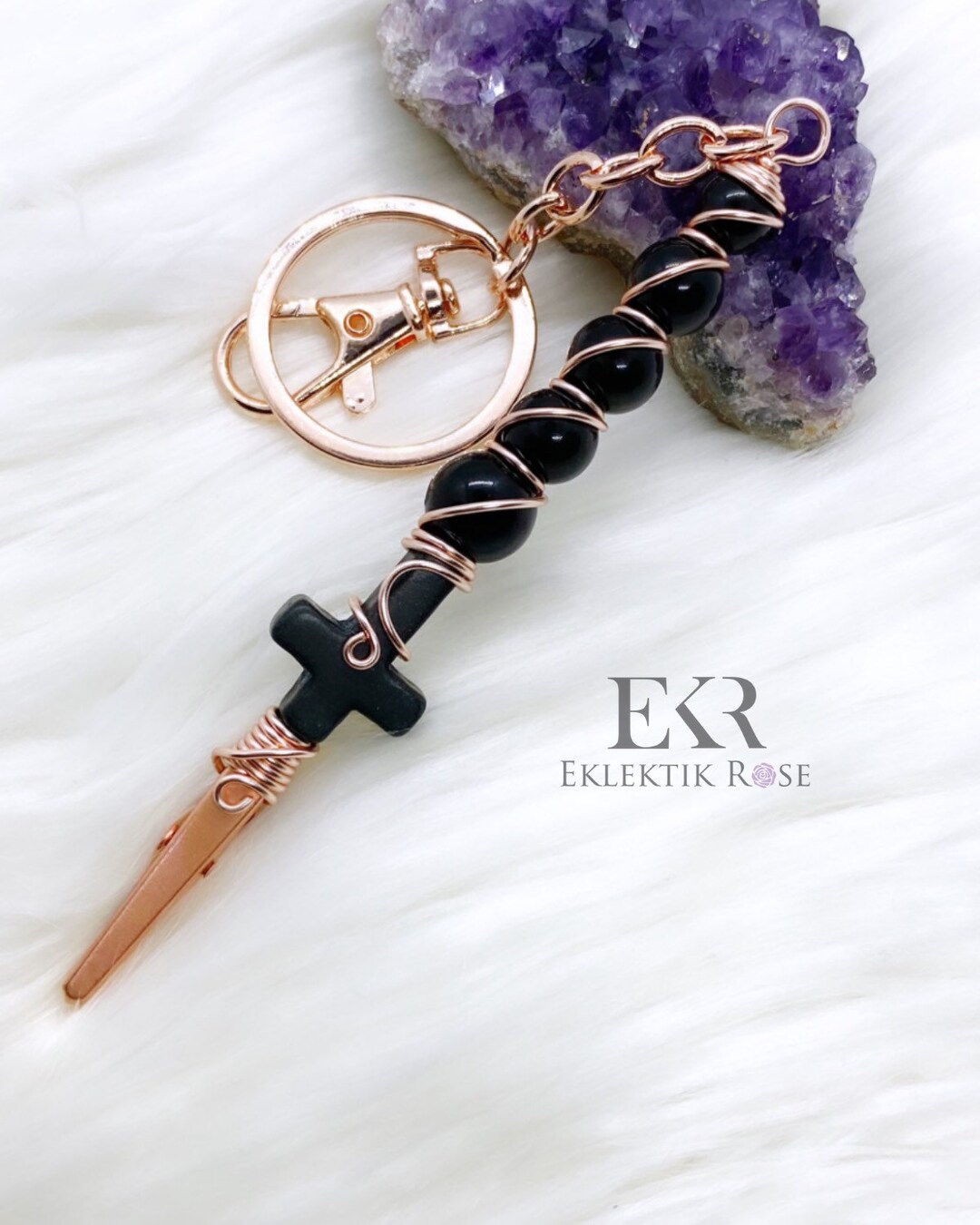 Black Agate, Onyx & Cross Card Clip Keychain Stone Crystal Wand ...