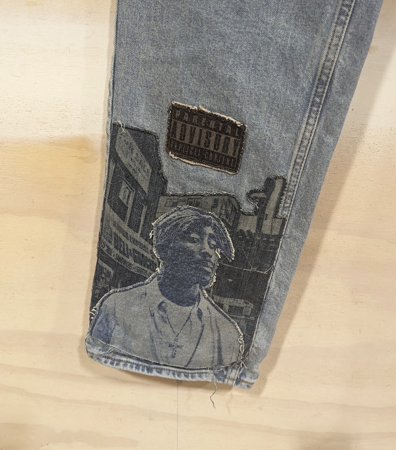 Customized Denim Jeans 2pac Tribute Patchwork 1 of 1 Light Blue 285 ...