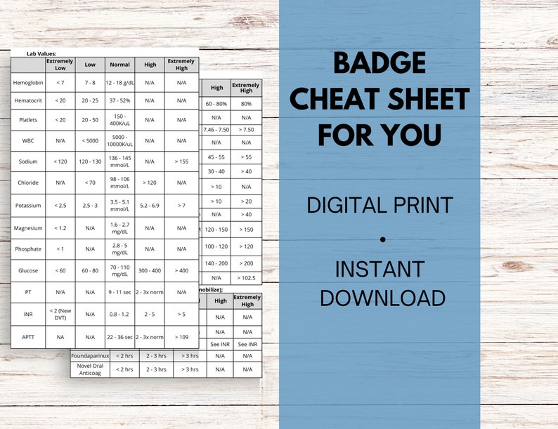 OT/PT Lab Value Cheat Sheet / Lab Values Badge Card / Vital Signs Badge ...