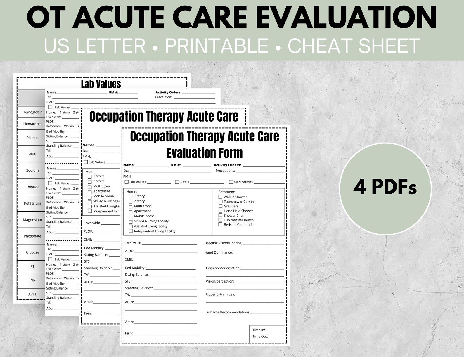 Occupational Therapy Acute Care Evaluation / Cheat Sheet / New - Etsy